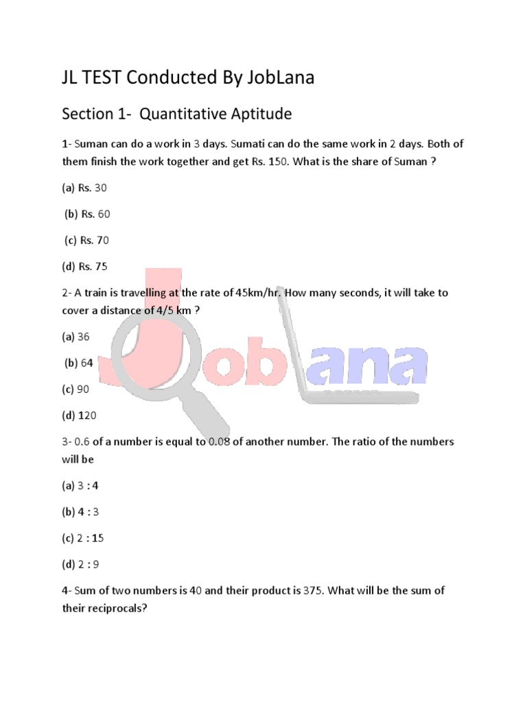 Joblana Test (JL Test) Quant Section Sample Paper | PDF