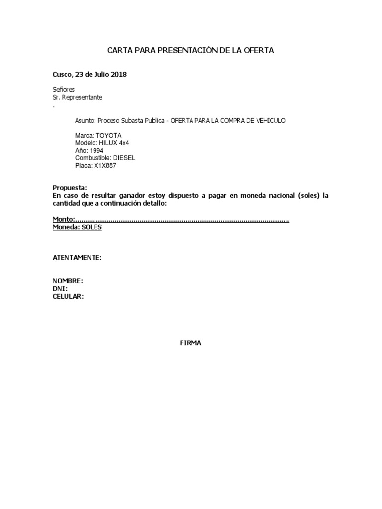 Carta para Oferta de Subasta | PDF