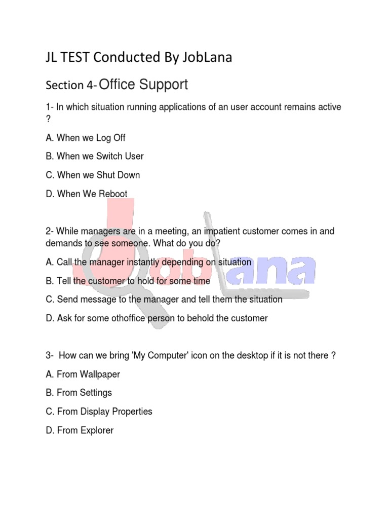 Joblana Test (JL Test) Office Support Section Sample Paper | PDF