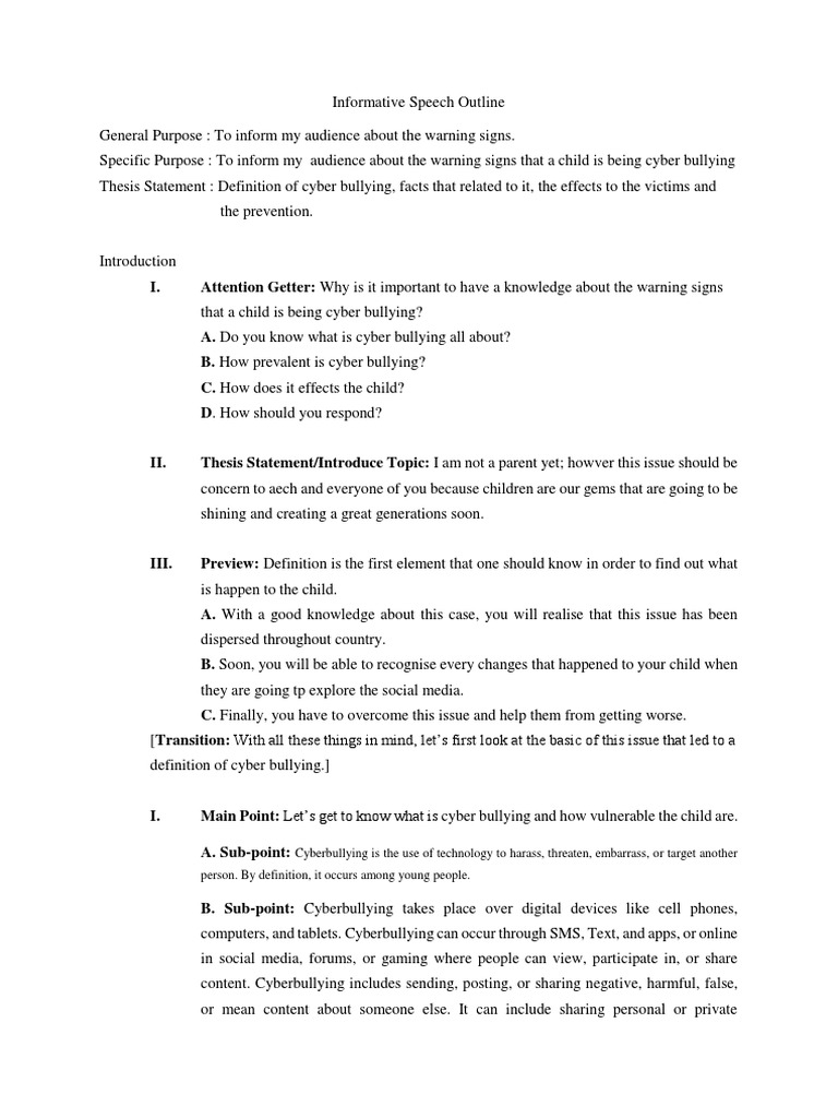 Informative Speech Outline | Cyberbullying | Bullying