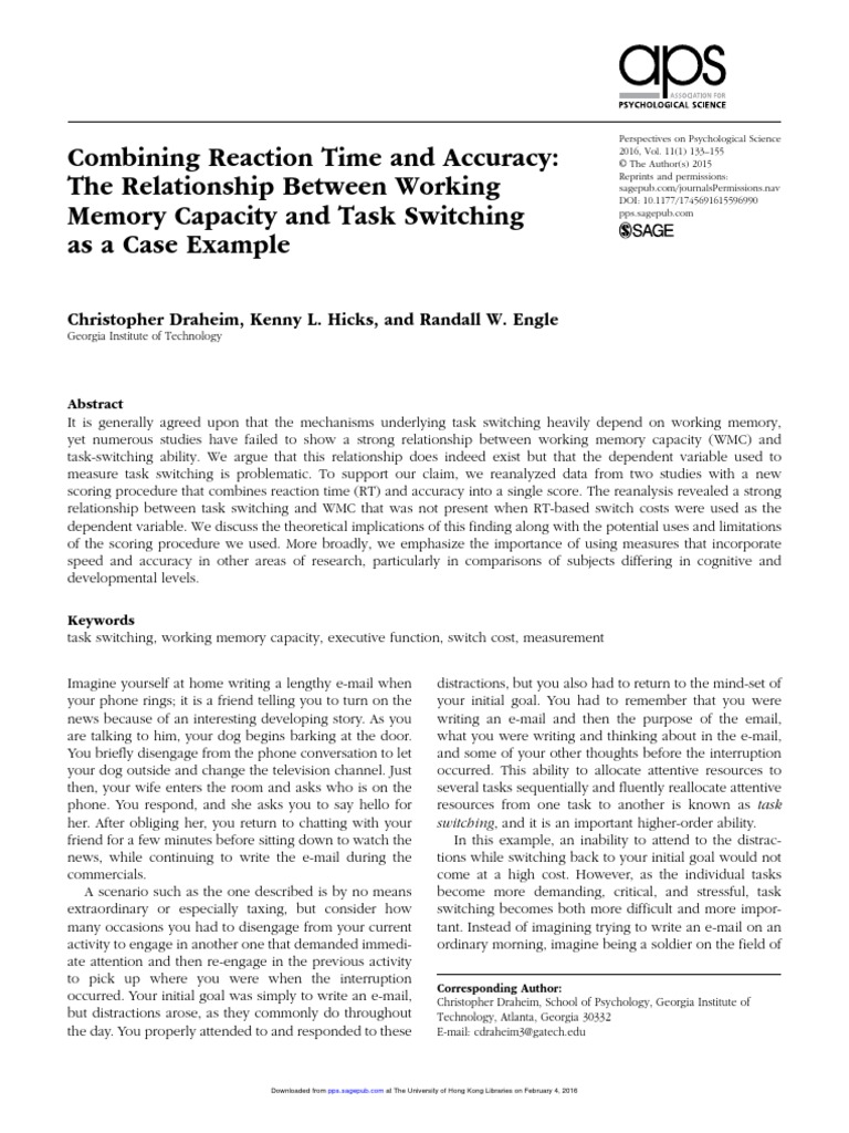Combining Reaction Time and Accuracy The Relationship Between Working Memory Capacity and Task ...
