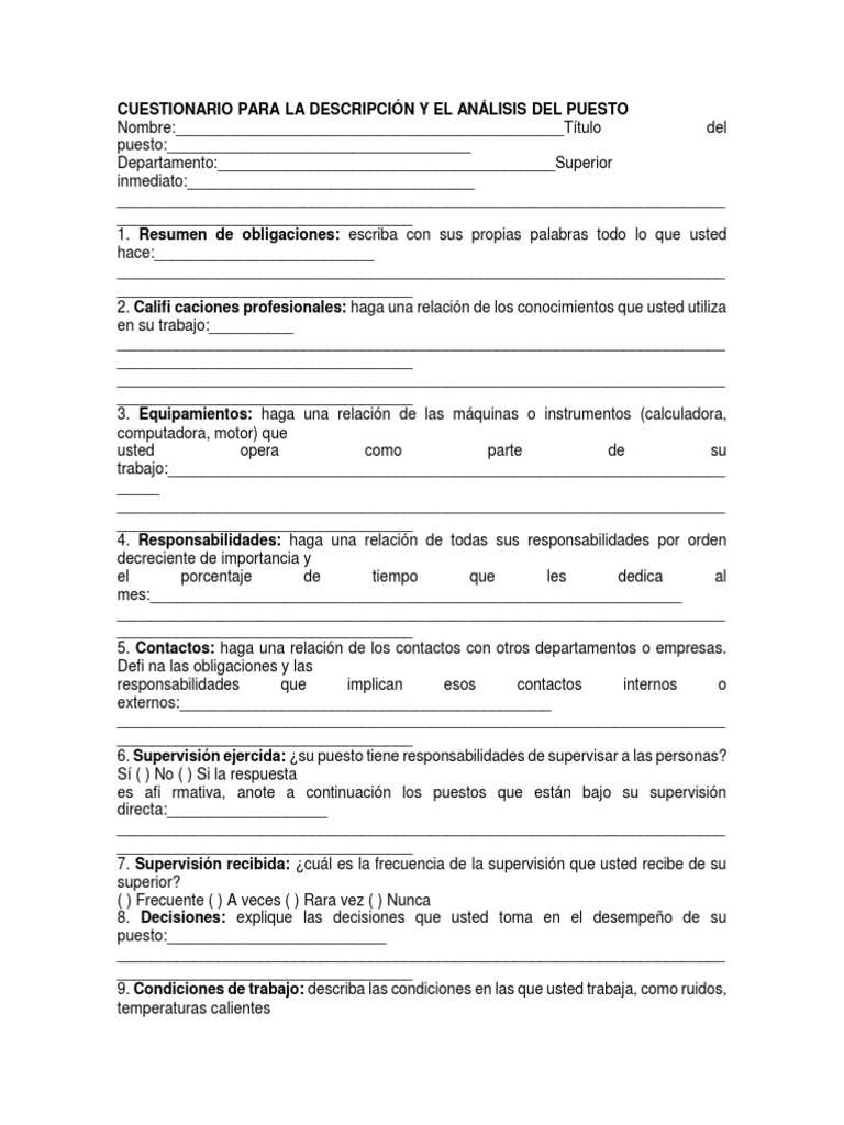 Cuestionario Para La Descripción y El Análisis Del Puesto | Business