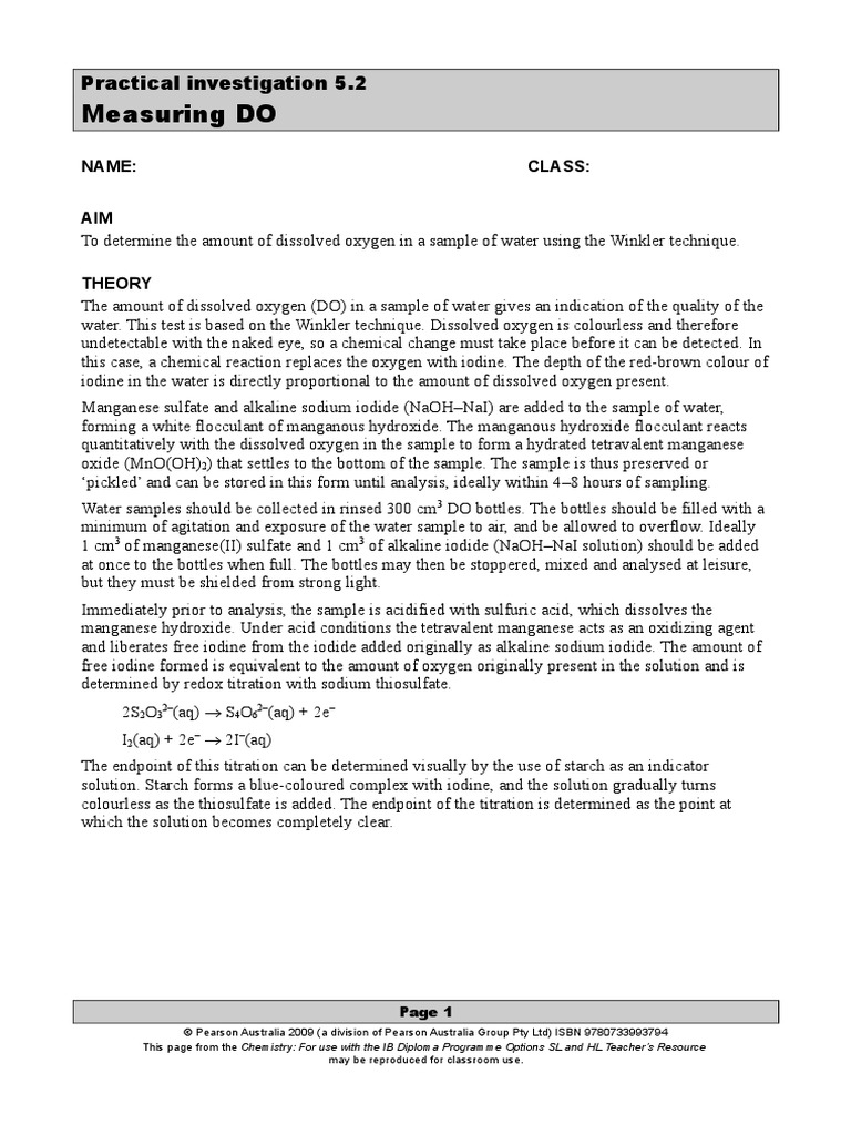 Prac 5.2 Winkler Method | PDF | Atoms | Chemical Compounds
