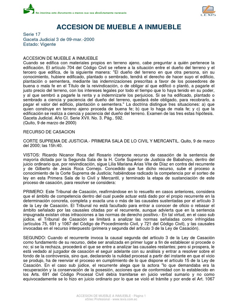 Accesión de Mueble a Inmuebles (1) | Propiedad | Sentencia (ley)