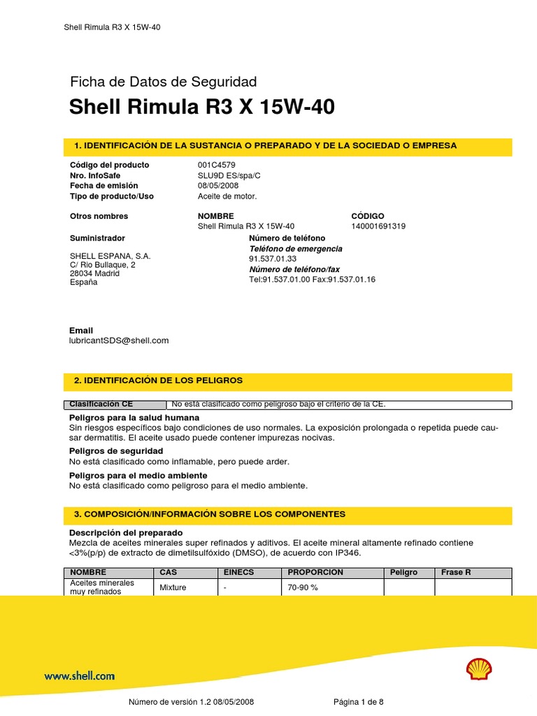 ES - MSDS - Shell Rimula R3 X 15W40 PDF | PDF | Petróleo | Agua