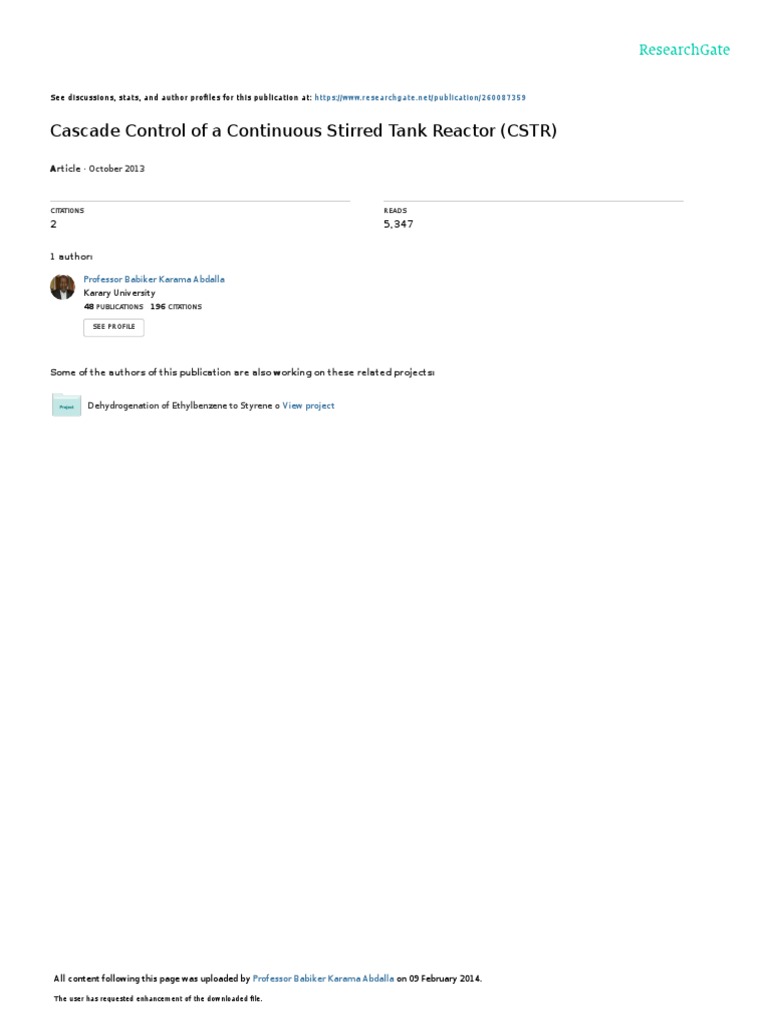 Cascade Control of A Continuous Stirred Tank Reactor (CSTR) : October 2013 | Download Free PDF ...
