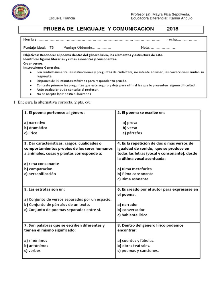 Evaluación Unidad El Poema 1 | Rima | Lingüística