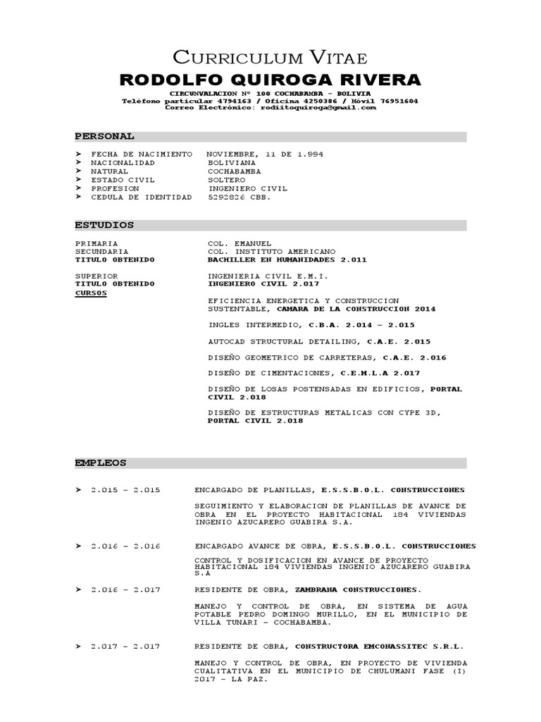 Hoja de Vida Rodolfo Quiroga | PDF | Derecho inmobiliario | Ingeniería