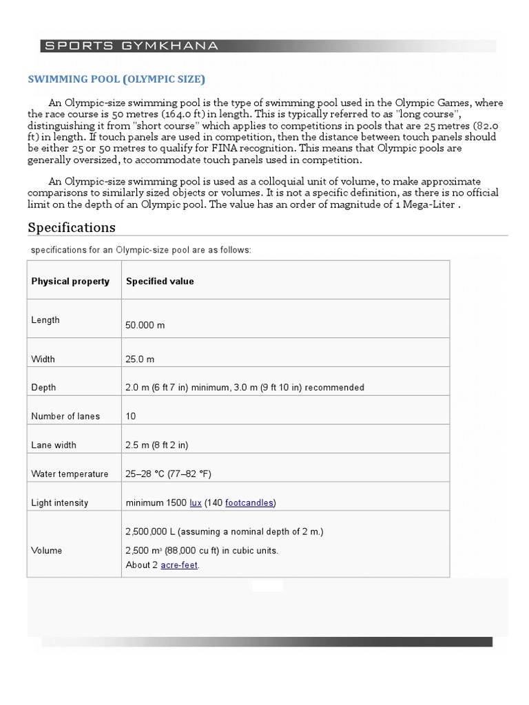 Specifications: Swimming Pool (Olympic Size) | PDF