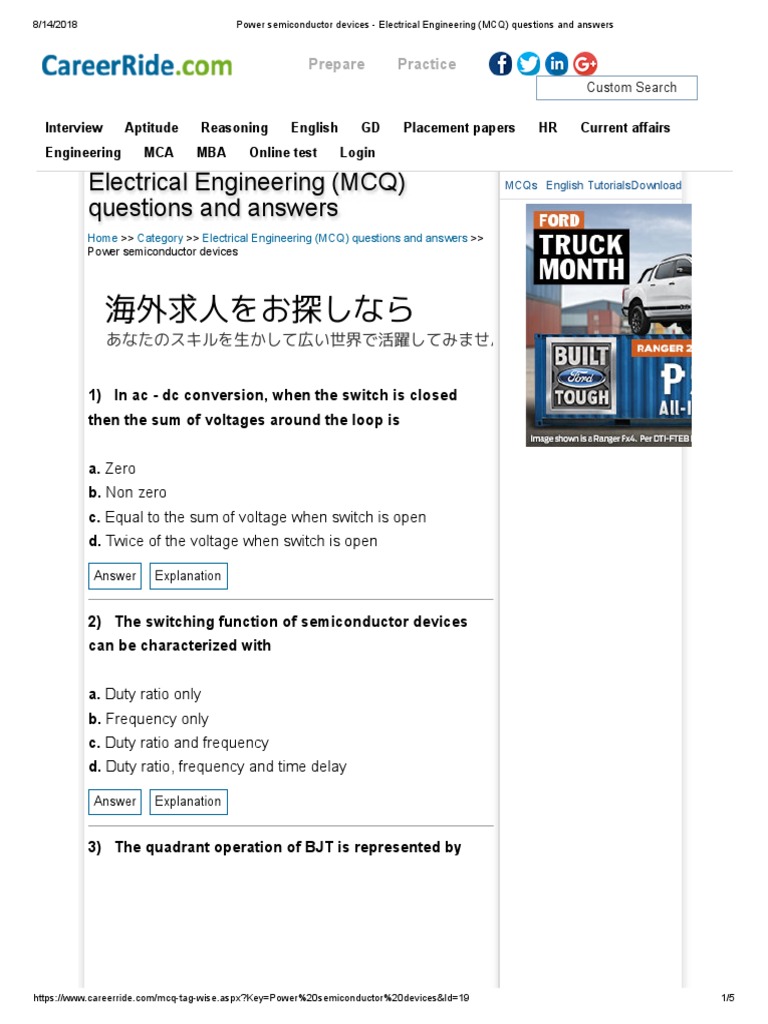 Power Semiconductor Devices - Electrical Engineering (MCQ) Questions ...