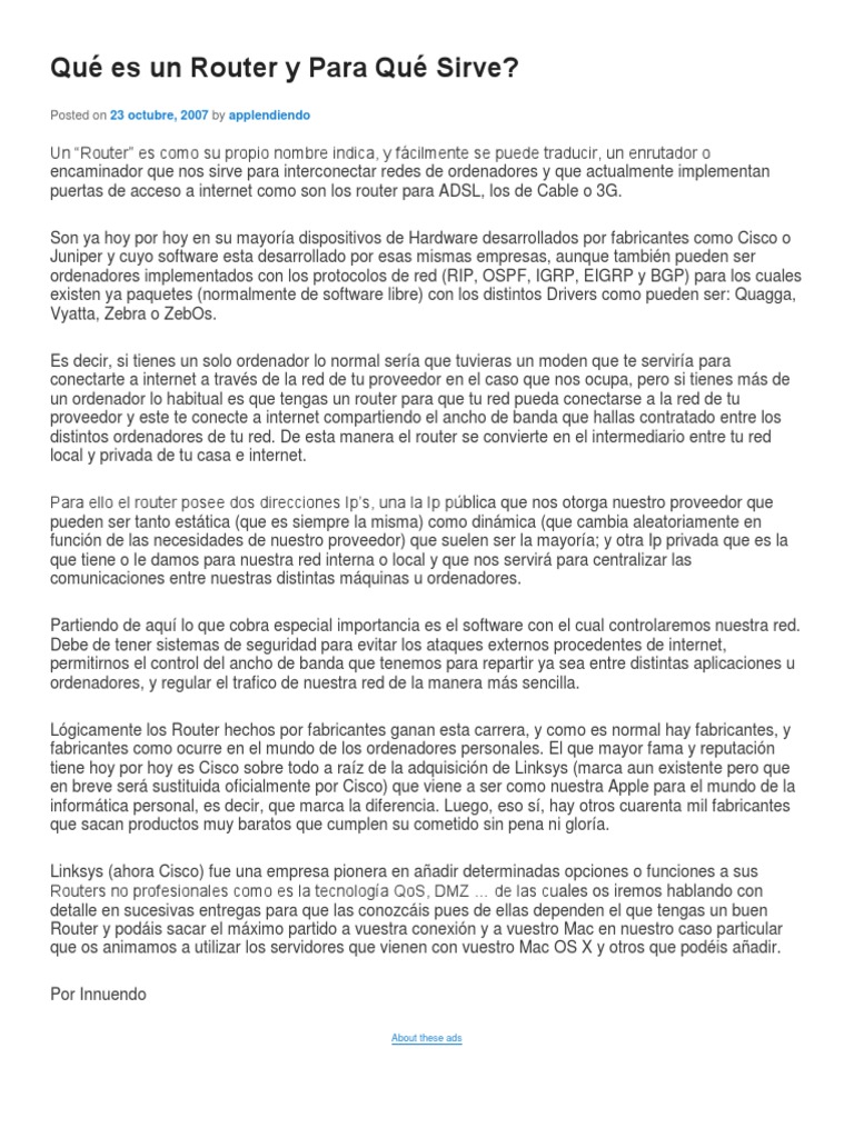 Qué Es Un Router y Para Qué Sirve | PDF | Enrutador (Computación) | Red ...