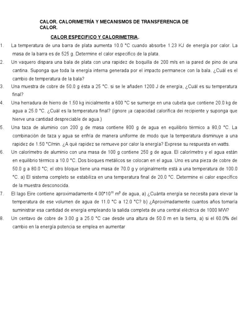 Calor Específico y Calorimetría: Ejercicios Prácticos | PDF | Calor ...