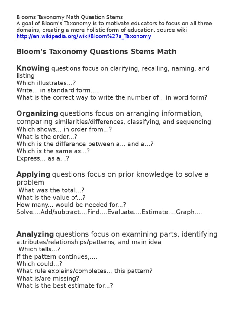 Bloom's Taxonomy Questions Stems Math Knowing: Questions Focus On ...