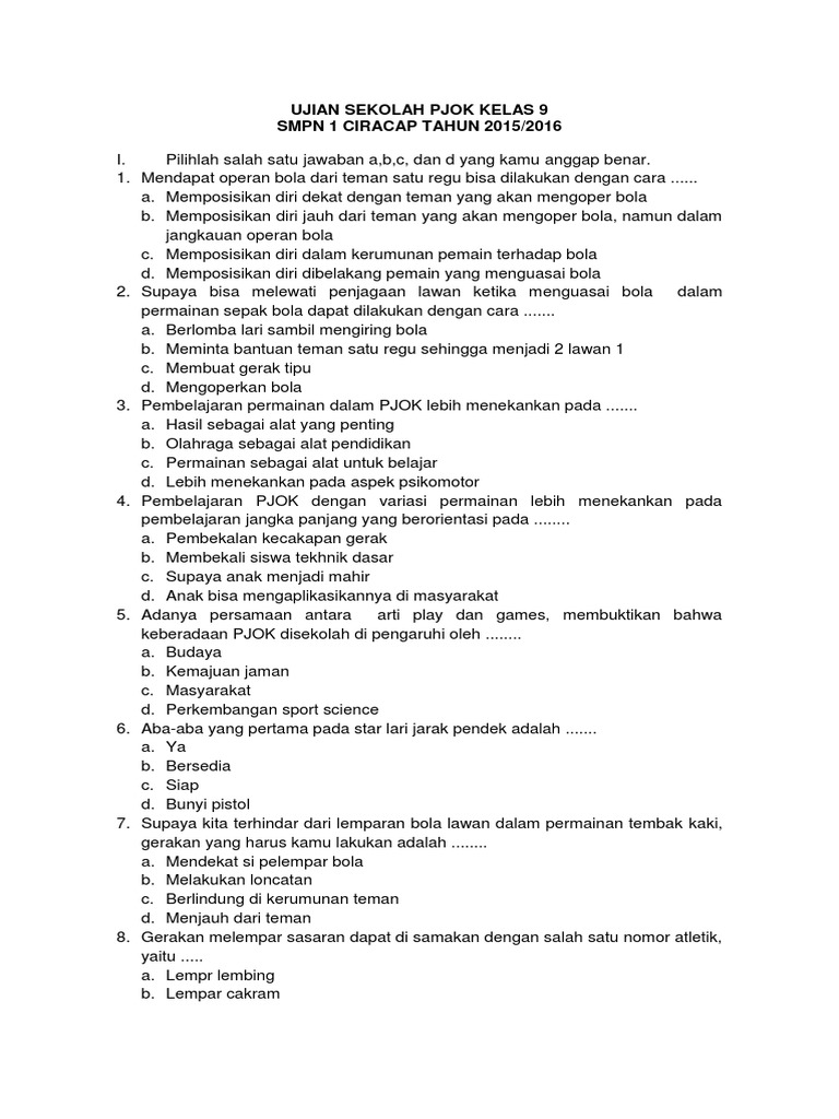 Ujian Sekolah Pjok Kelas 9 | PDF
