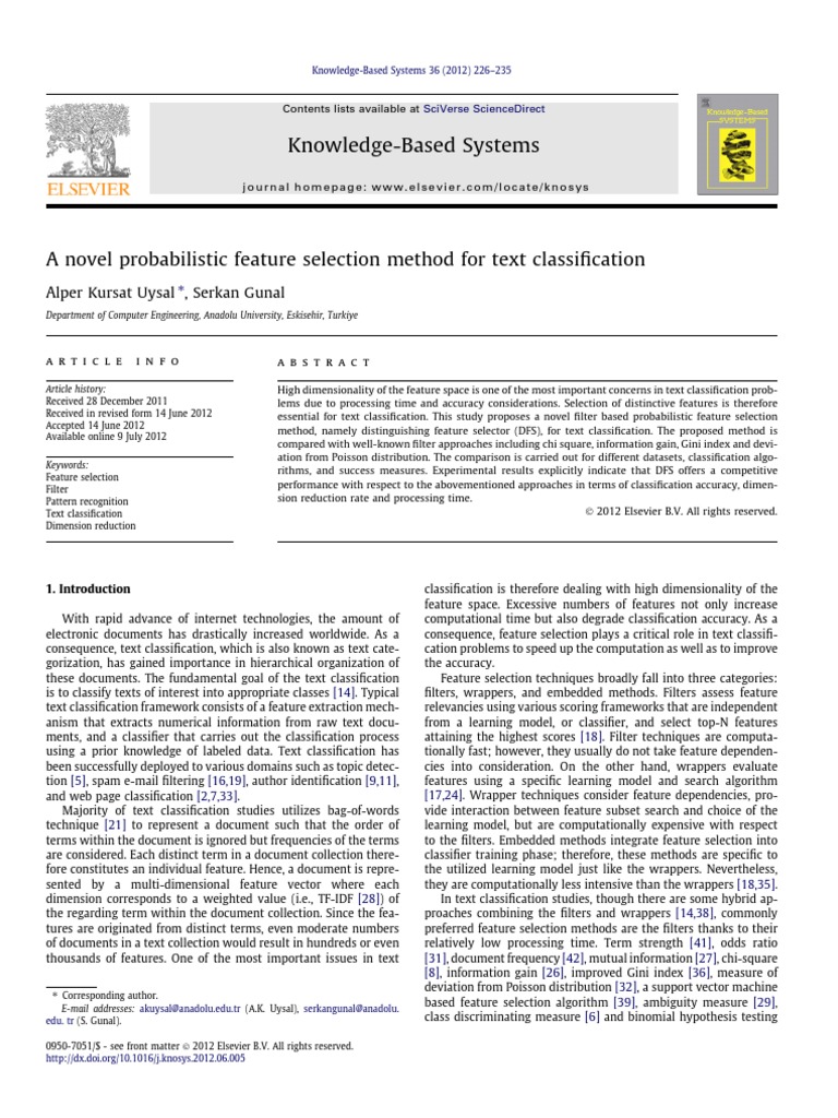 Uysal, Gunal - 2012 - A Novel Probabilistic Feature Selection Method For Text Classification ...