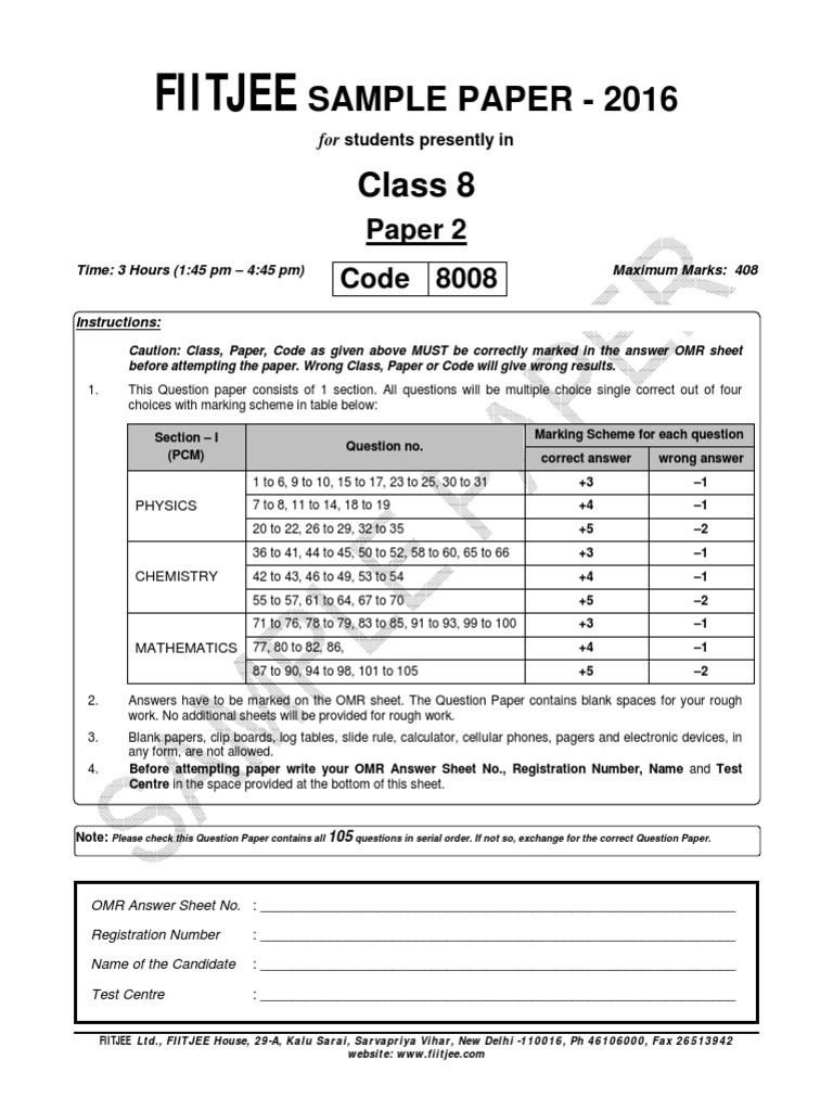 FIITJEE Big Bang 2016 Paper 2 Class 8 Sample PDF | PDF | Carbon | Rectangle