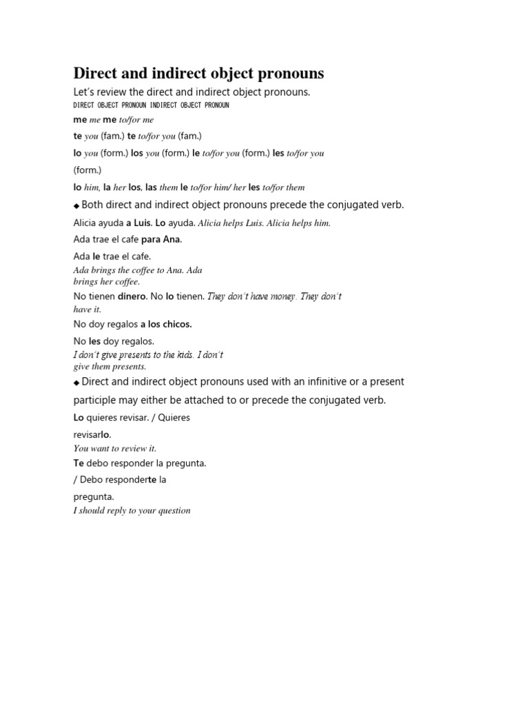 Direct and Indirect Object Pronouns - Spanish | PDF