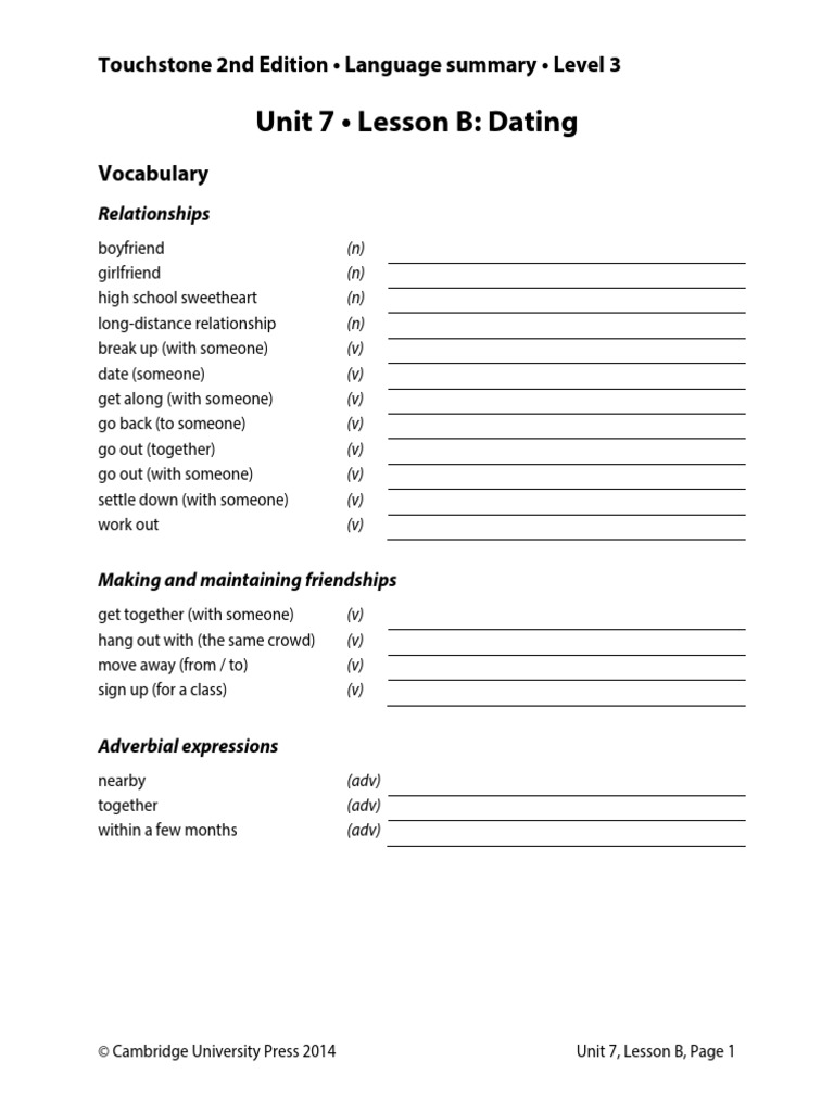 Unit 7 - Lesson B: Dating: Touchstone 2nd Edition - Language Summary - Level 3 | PDF | Language ...