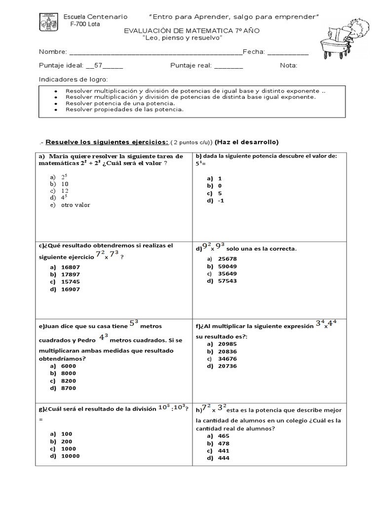 Prueba Potencias 7mo | PDF | Ulises (novela) | Exponenciación