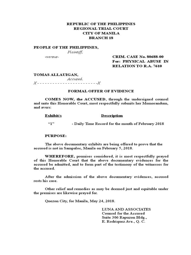 Formal Offer of Evidence Accused | PDF | Government Information | Justice