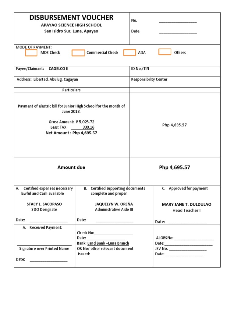Disbursement Voucher | Cheque | Payments
