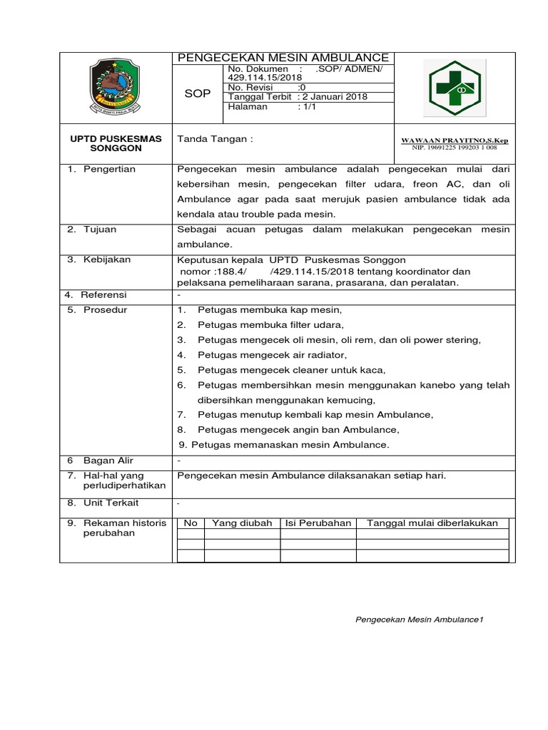 2.1.4 SOP Pengecekan Mesin Ambulance | PDF