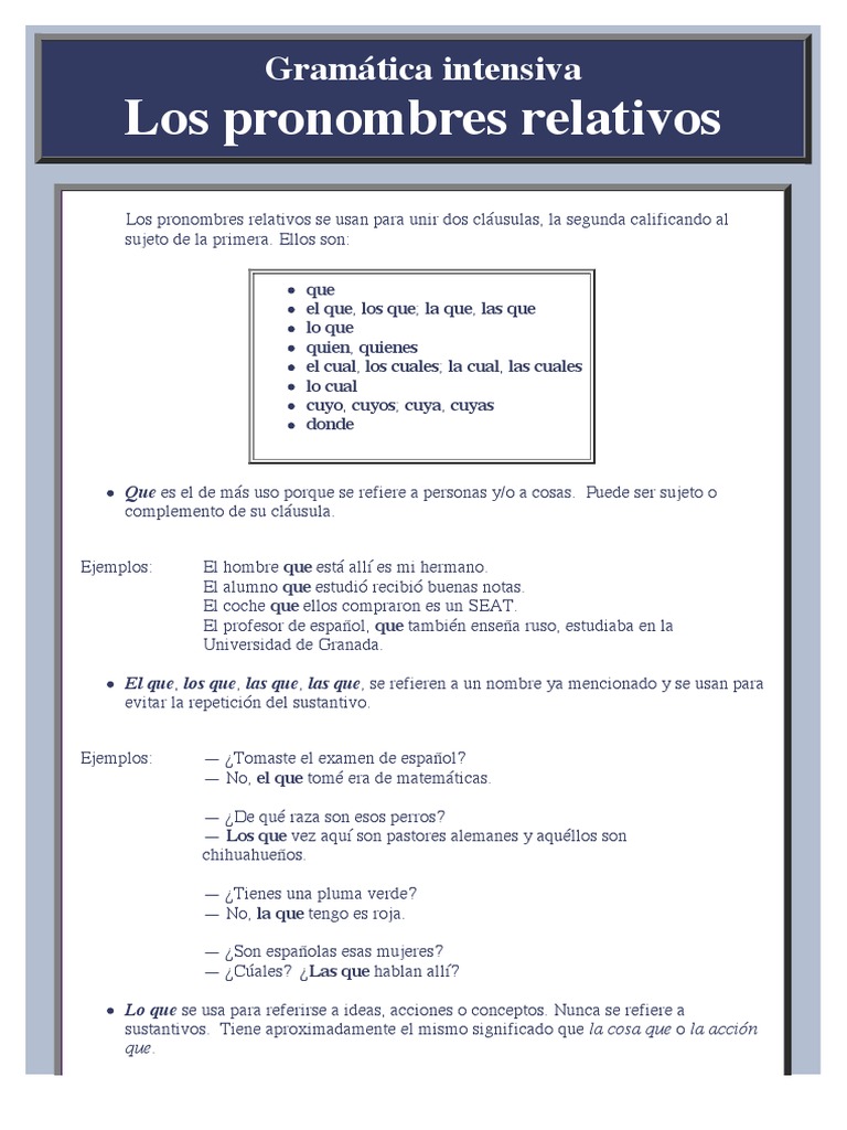 Los Pronombres Relativos PDF | Sustantivo | Lingüística
