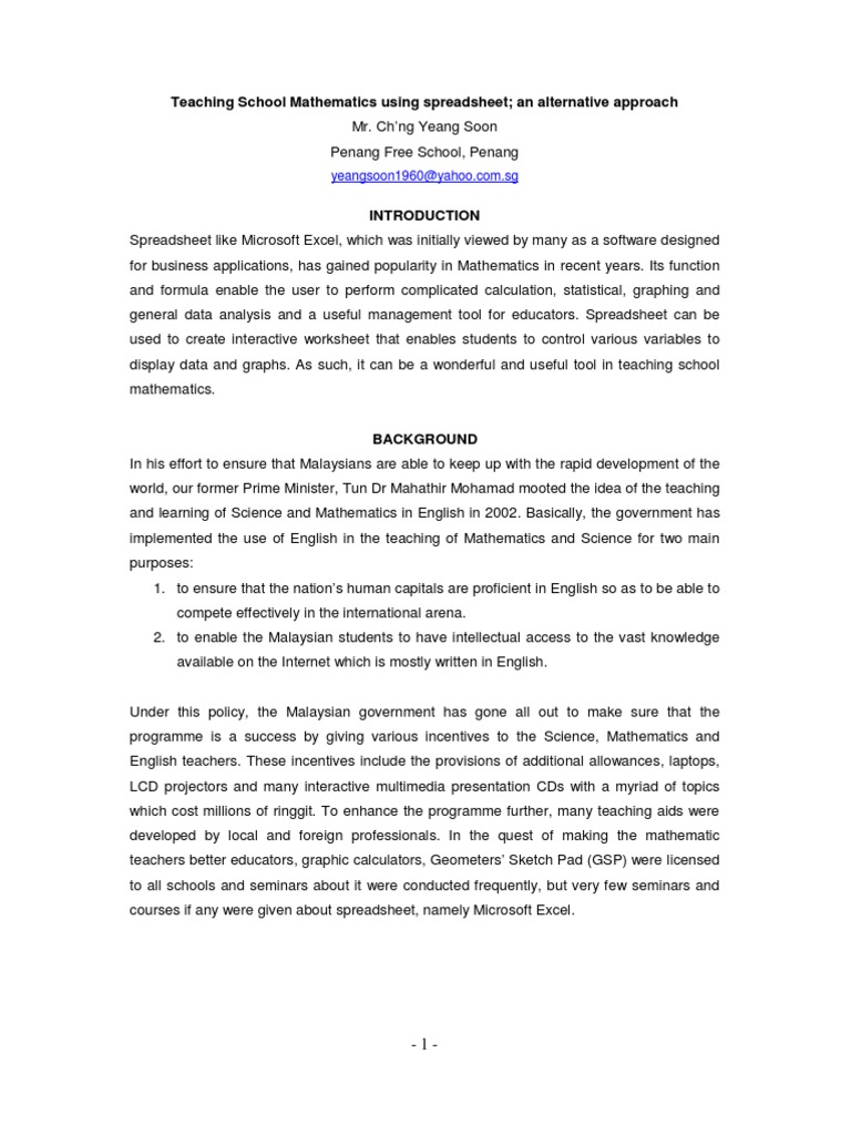 1using Spreadsheet in Teaching School Mathematics - 9!5!08 | PDF ...