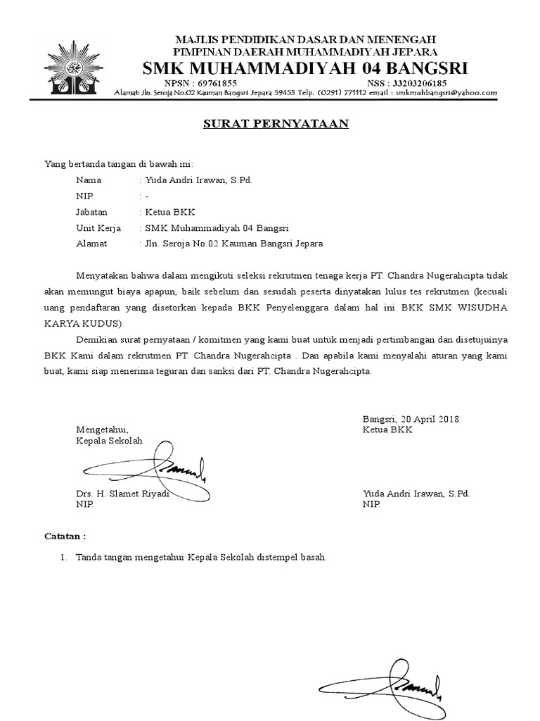 Surat Pernyataan BKK Mitra | PDF