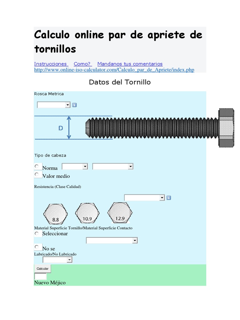 Calculo Online Par de Apriete de Tornillos | Tornillo | Ingeniería mecánica