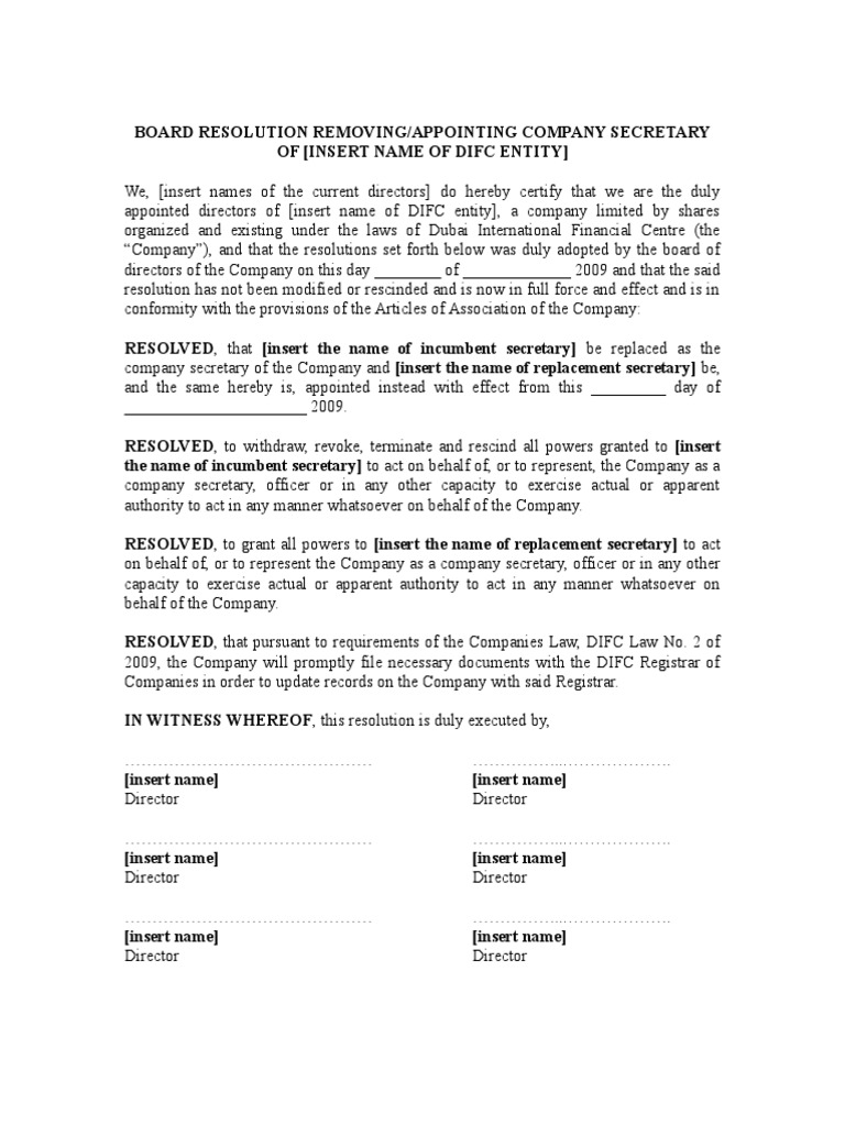 ResolutionLTDforappointment and Cessation of Company Secretary 0 | PDF