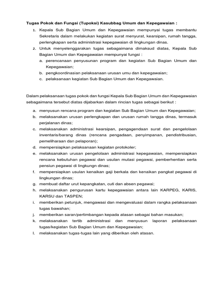 Tupoksi Kasubbag Umum dan Kepegawaian | PDF | Karier & Perkembangan ...