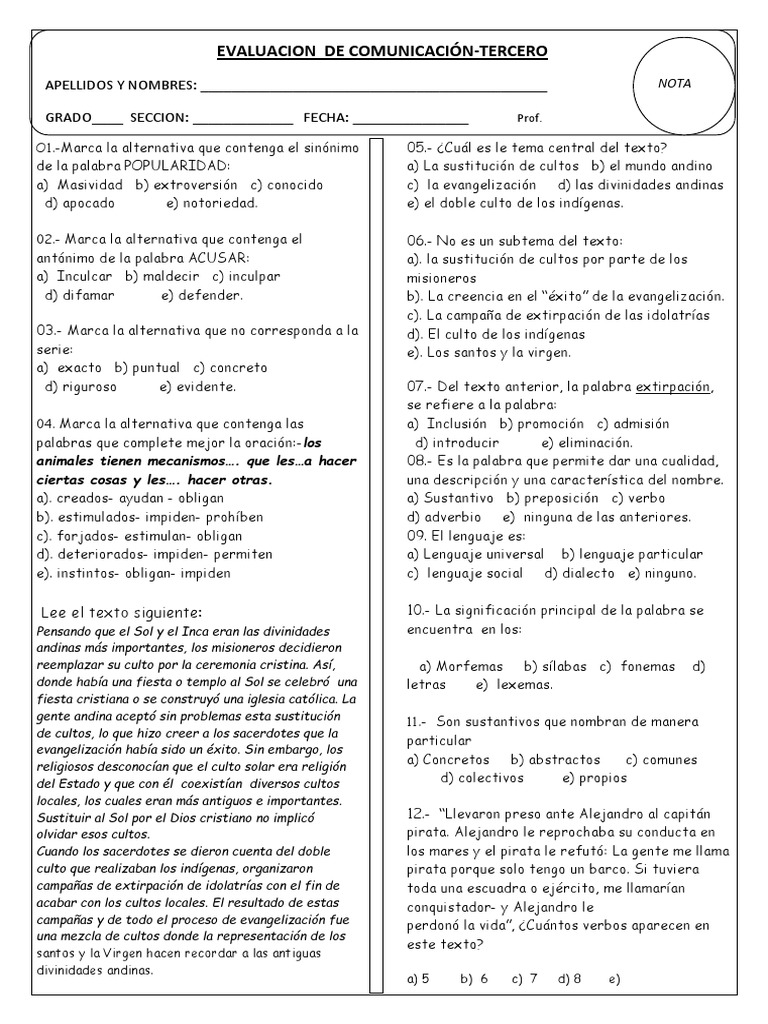 Prueba de Comunicacion - Cuartoo Sec. | PDF | Sacerdote | Piratería