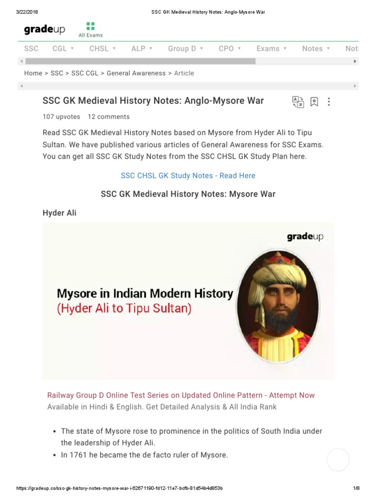 SSC GK Medieval History Notes - Anglo-Mysore War | PDF | Warfare Of The ...