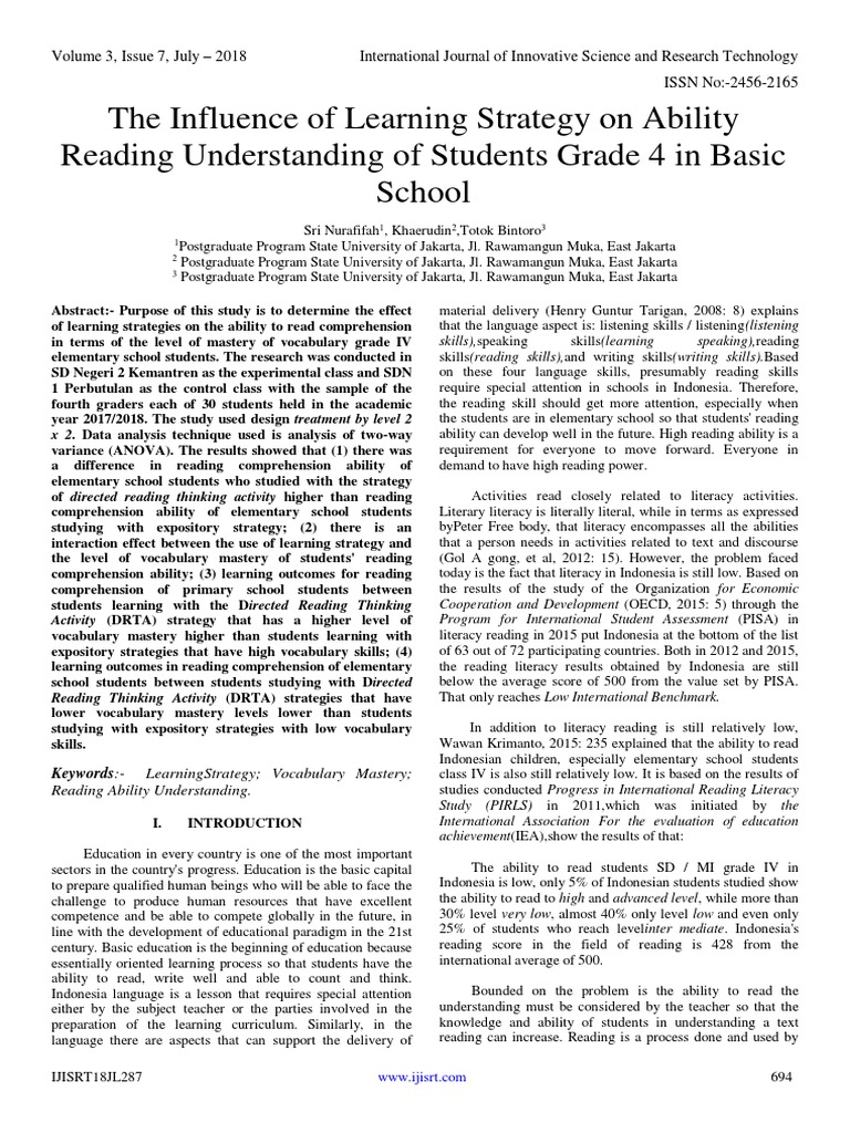 The Influence of Learning Strategy On Ability Reading Understanding of ...