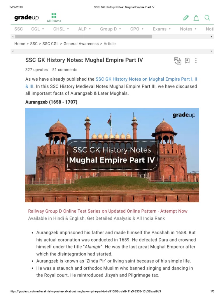 SSC GK History Notes - Mughal Empire Part IV | PDF | Timurid Dynasty ...