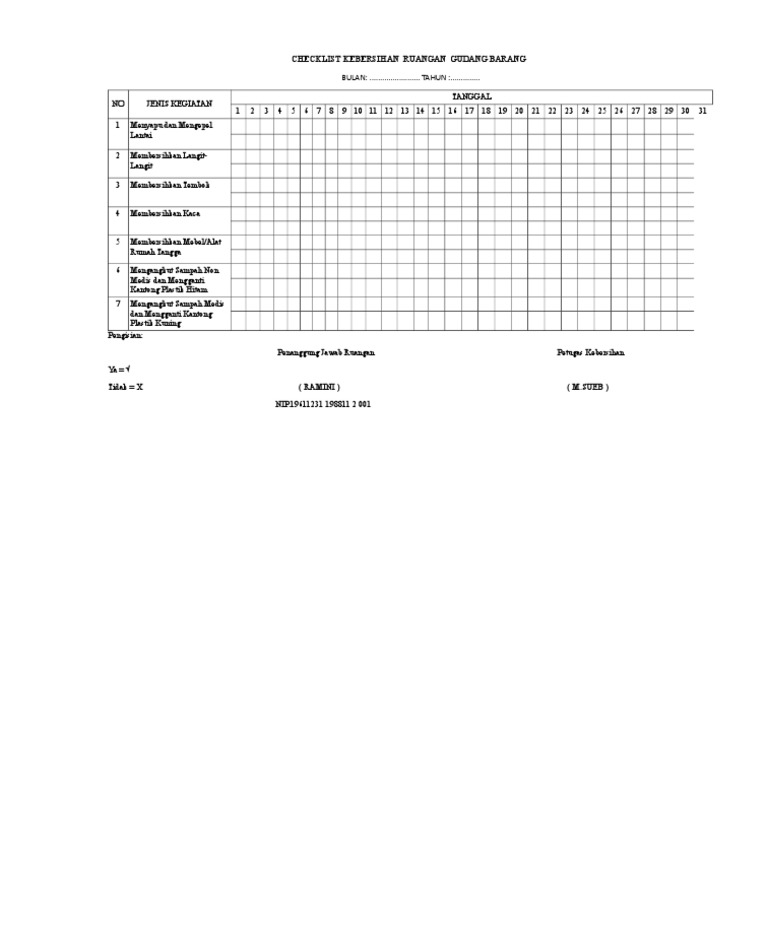 Checklist Kebersihan Ruangan Gudang | PDF