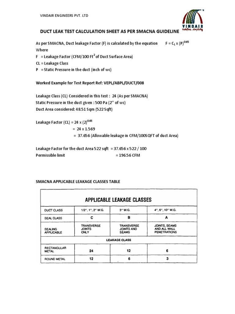 Duct Leakage Test Calculation Sheet | PDF