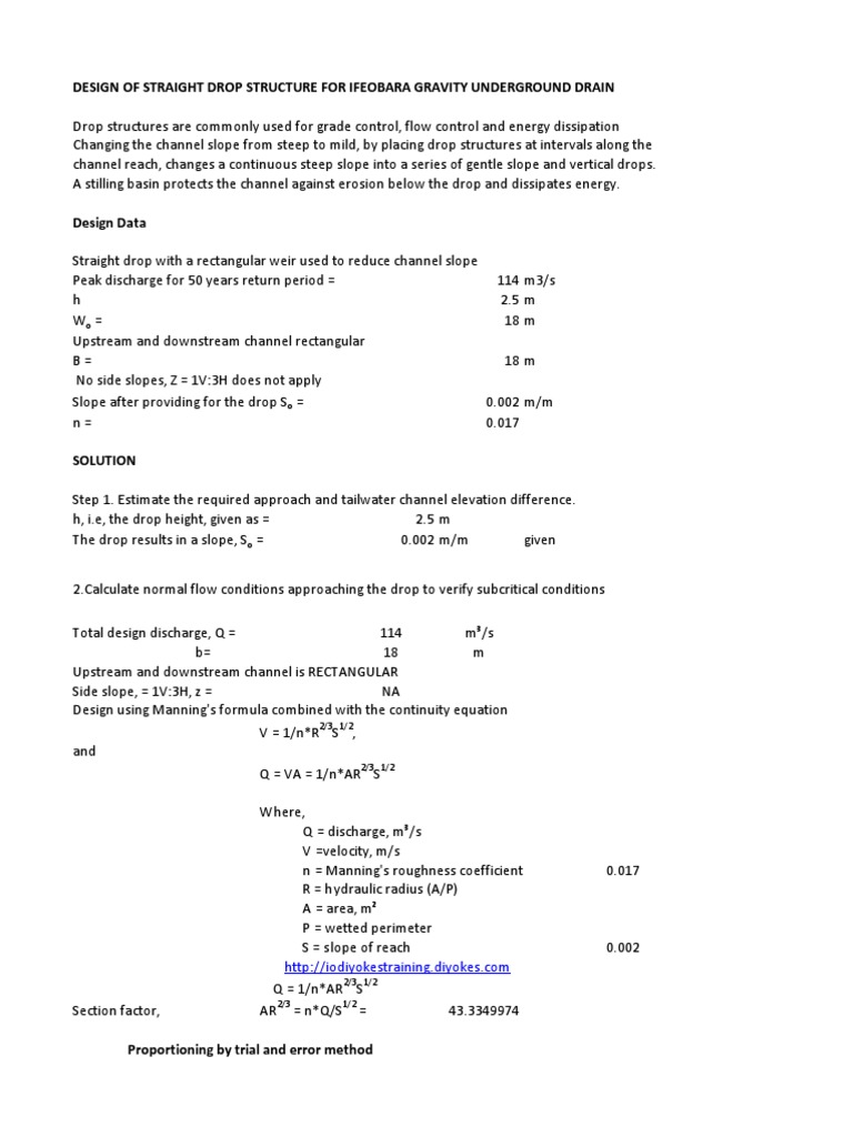 Hydraulic Design of STRAIGHT Drop Structures For Exit of Tunnel | PDF ...