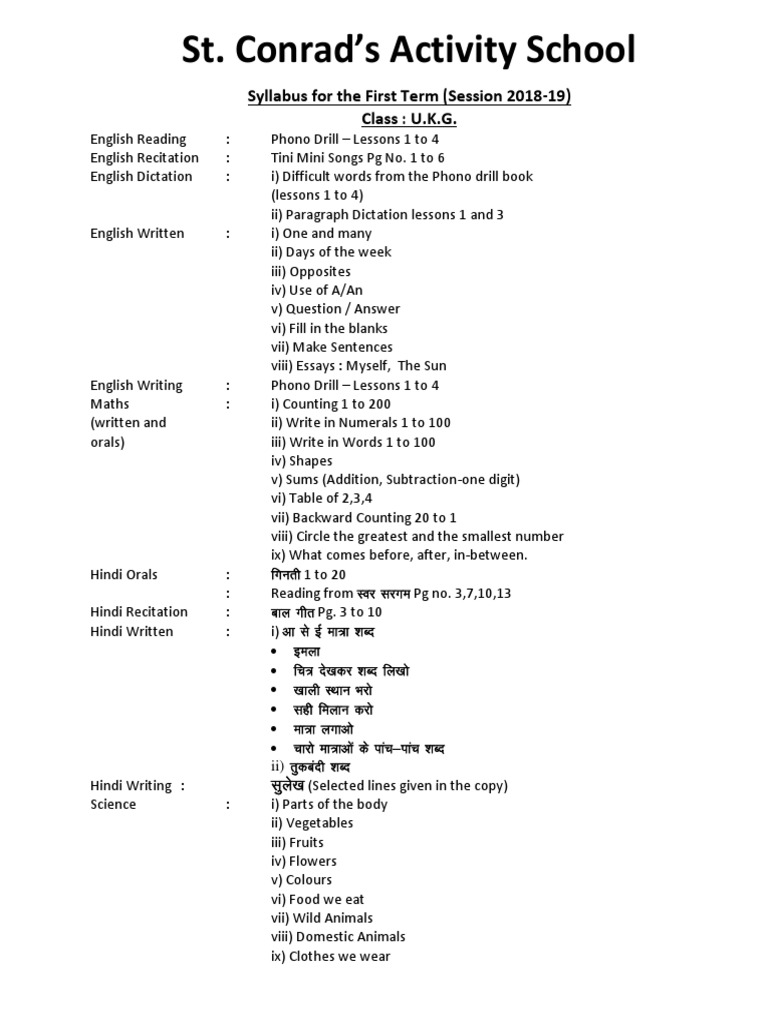Syllabus Class UKG 2018 2019 All Subjects