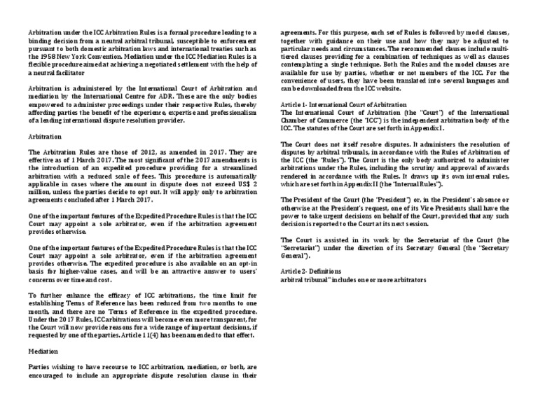ICC Arbitration and Mediation Rules Overview | PDF | Arbitration ...