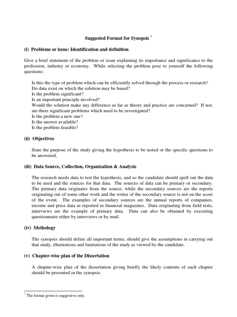 Suggested Format For Synopsis (I) Problems or Issue: Identification and ...