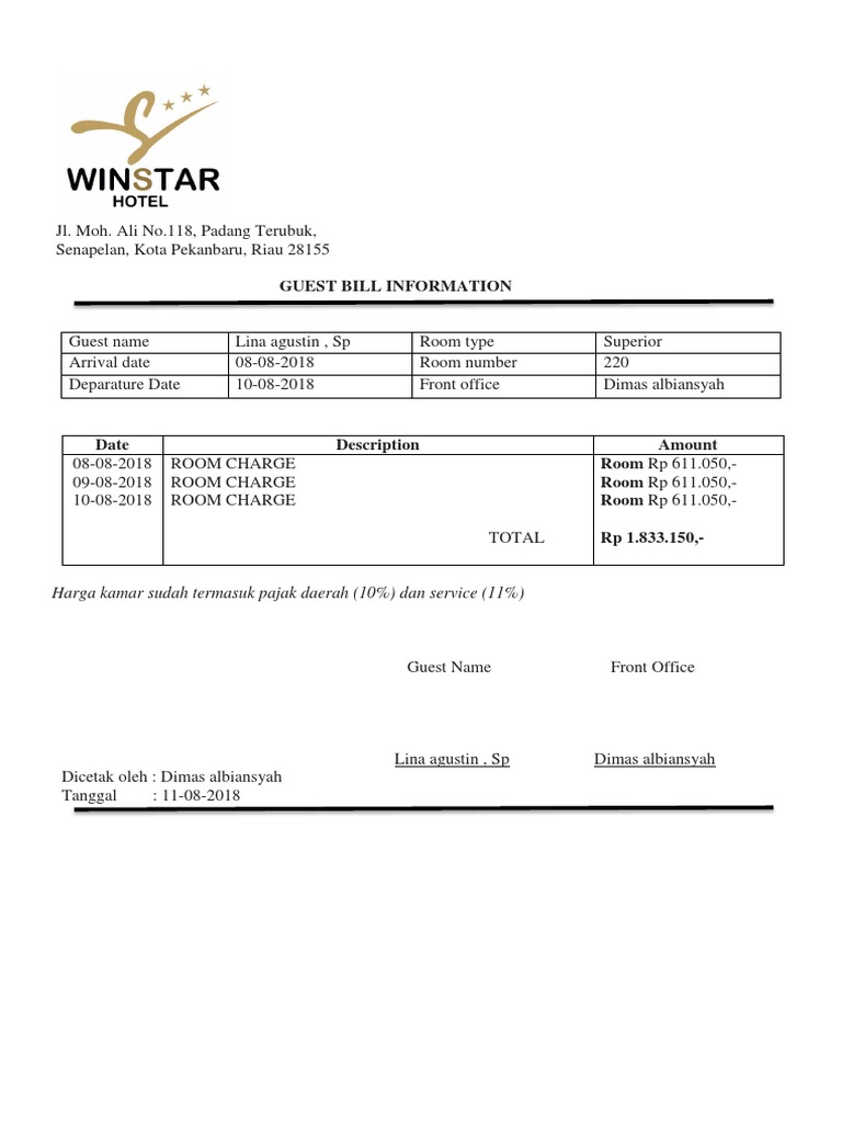 Guest Bill Information: Harga Kamar Sudah Termasuk Pajak Daerah (10% ...
