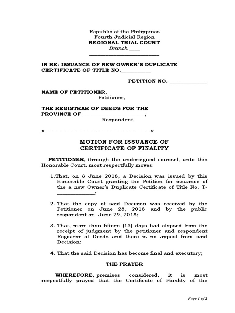 Motion for Issuance of Certificate of Finality | Virtue | Judiciaries ...