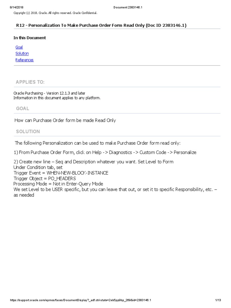 R12 - Personalization To Make Purchase Order Form Read Only (Doc ID 2383146.1) | PDF ...