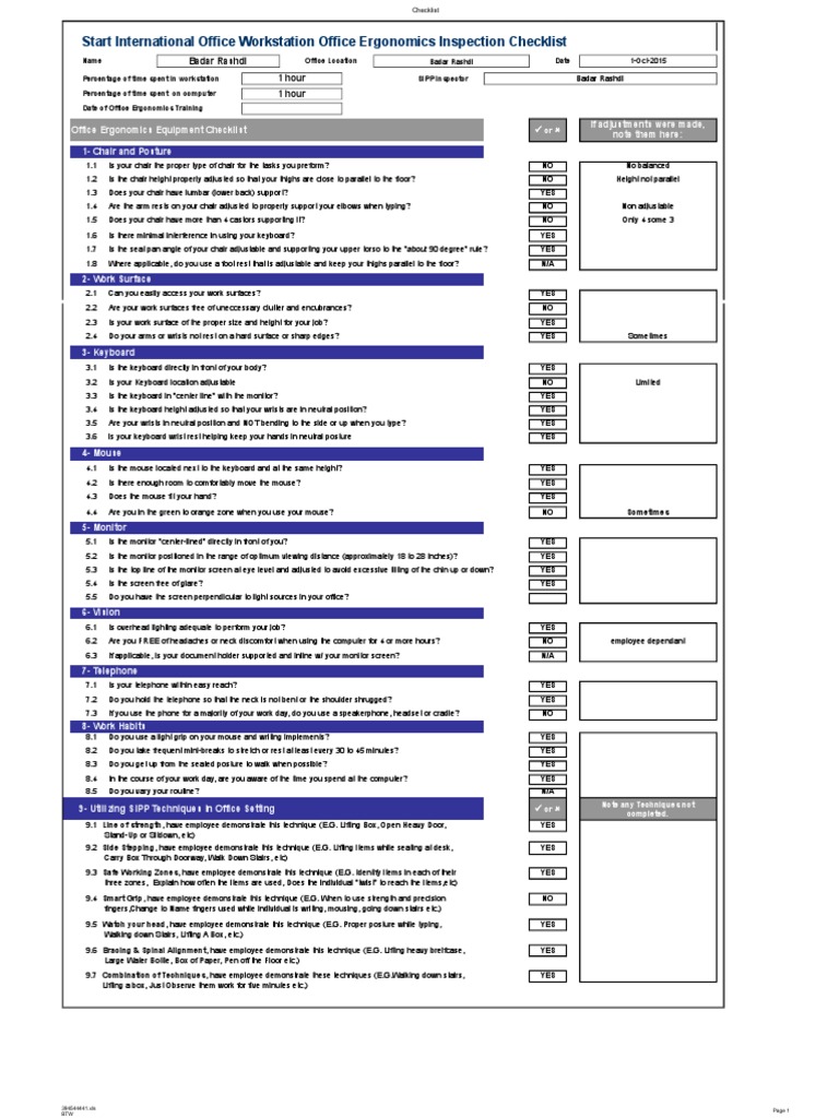 Office Ergonomics Inspection Checklist | PDF | Chair | Computer Keyboard