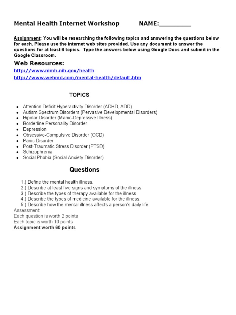 Mental Health Research Assignment Guide | PDF | Anxiety Disorder ...