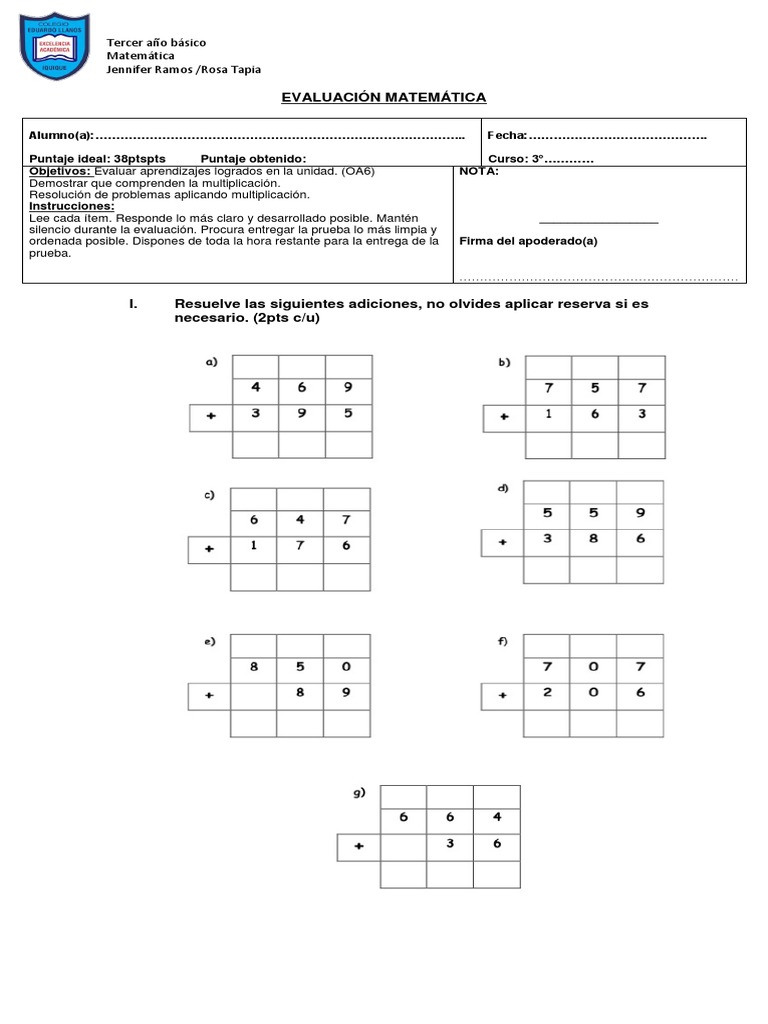 Prueba Matematica Sumas y Restas | PDF | Ocio | Deportes