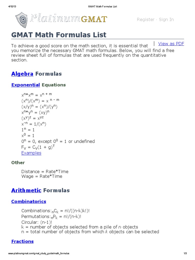 Algebra Formulas List