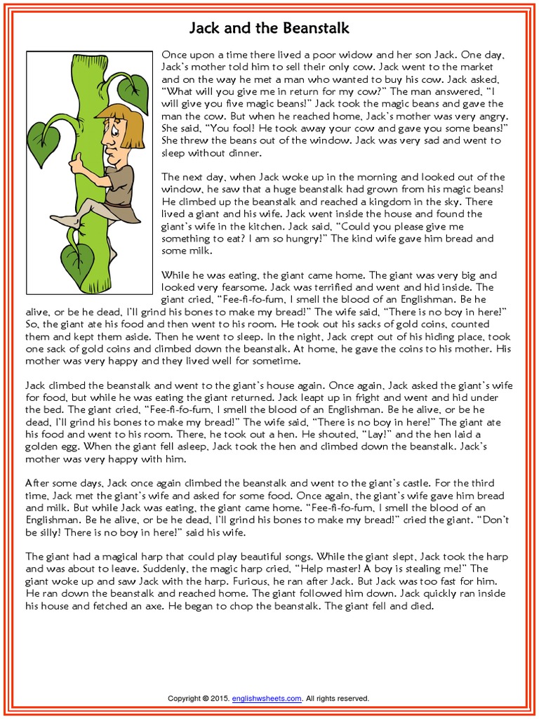 Jack and The Beanstalk Fairy Tale Reading Worksheet PDF | PDF | Cooking, Food & Wine | Mystery ...